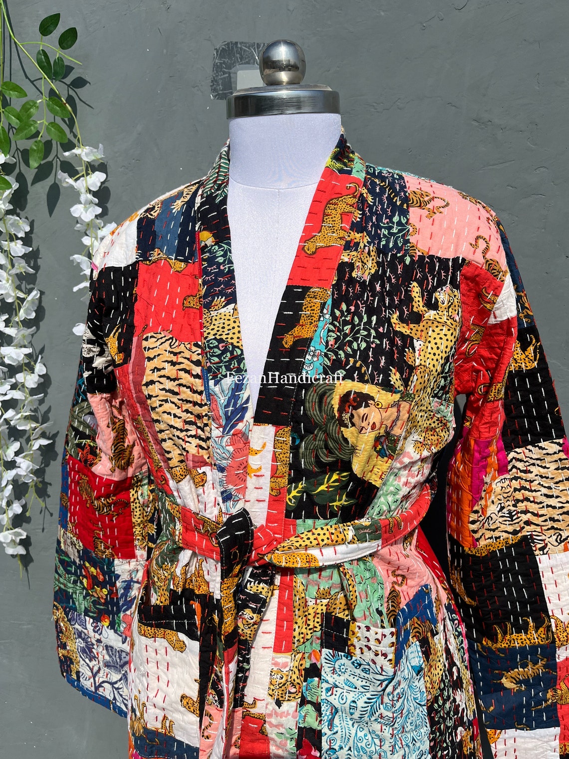 Tiger Print Patchwork Kantha Cotton Jacket, Quilted Kantha Cotton ...
