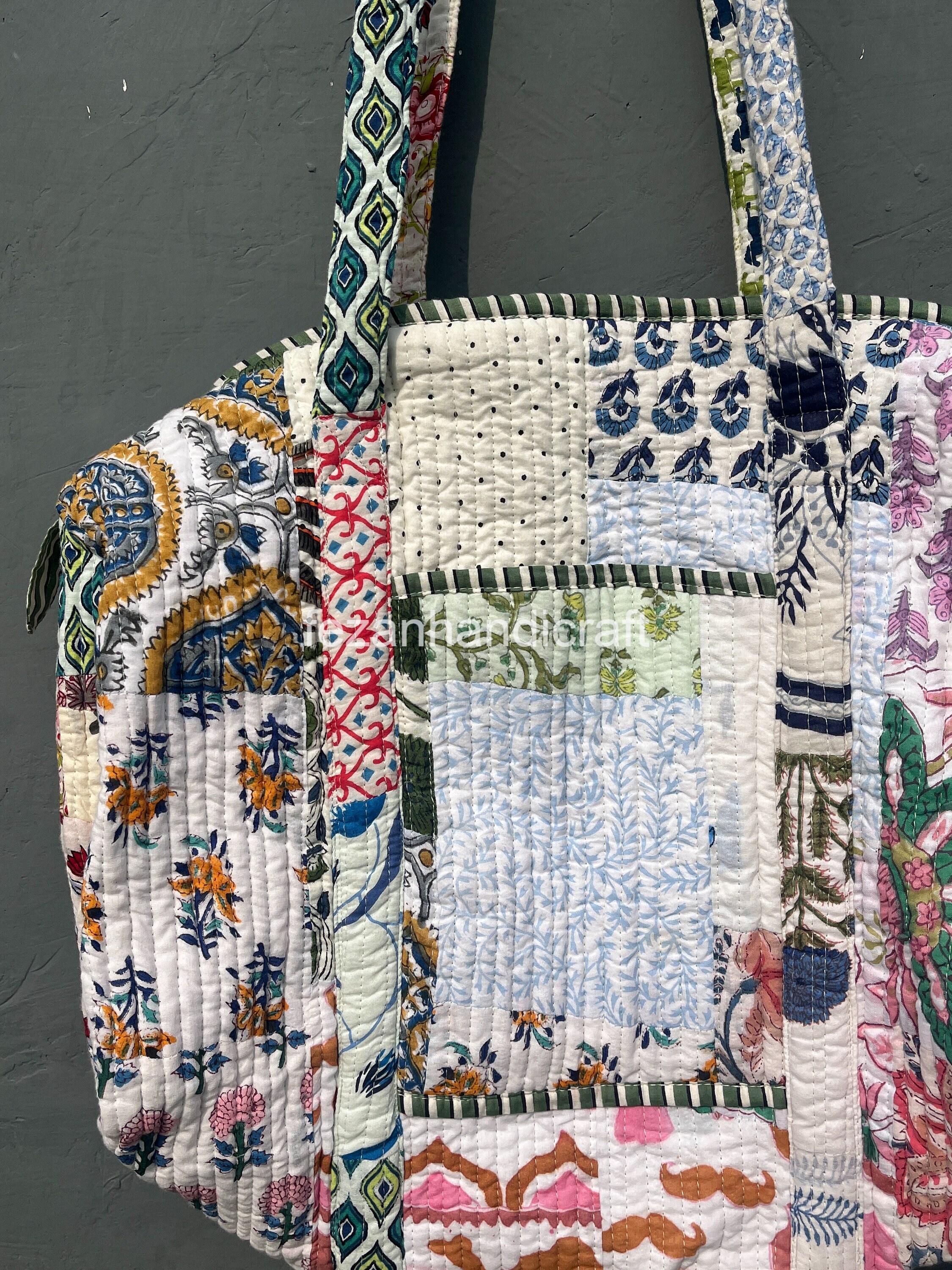 Handmade Quilted Patchwork Tote Bag: Block Print Cotton Duffle - Etsy