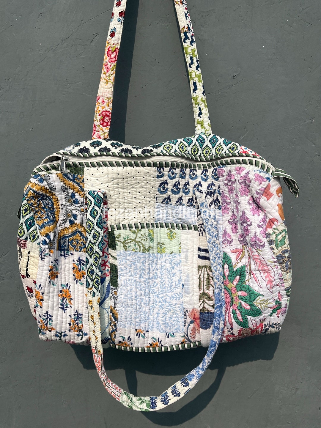 Handmade Quilted Patchwork Tote Bag: Block Print Cotton Duffle - Etsy