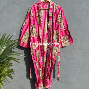Cotton Beautiful Pink Color Tiger Print Robe, Indian Style Tiger With ...