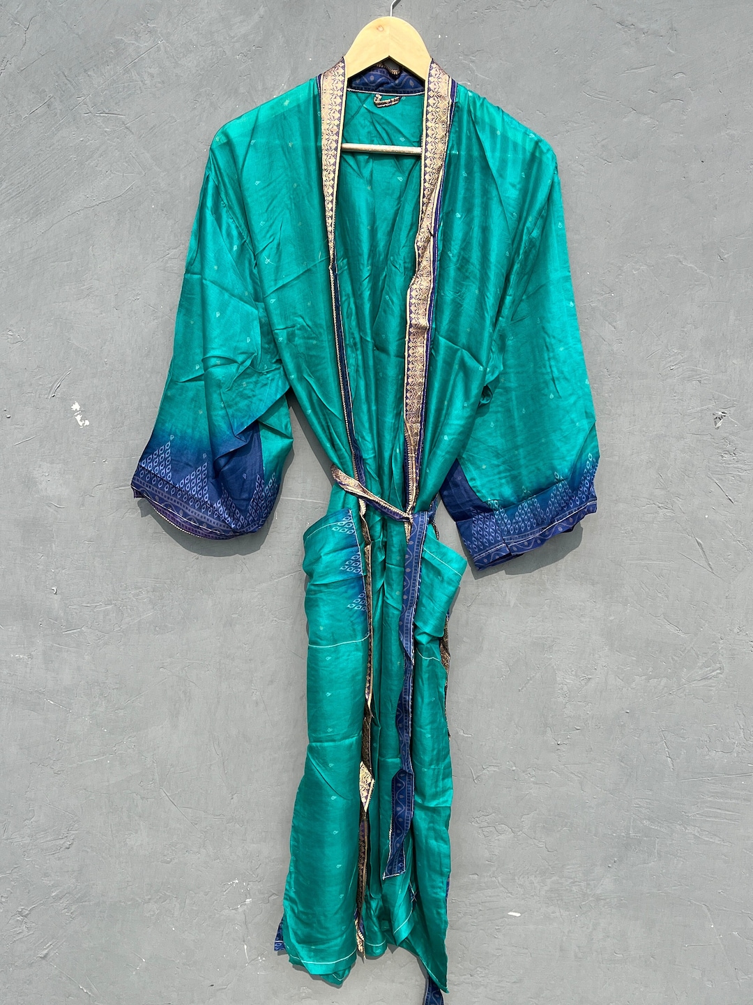 Women Blue Silk Kimono Robe, Long Lounge Dressing Gown Boho, Satin ...