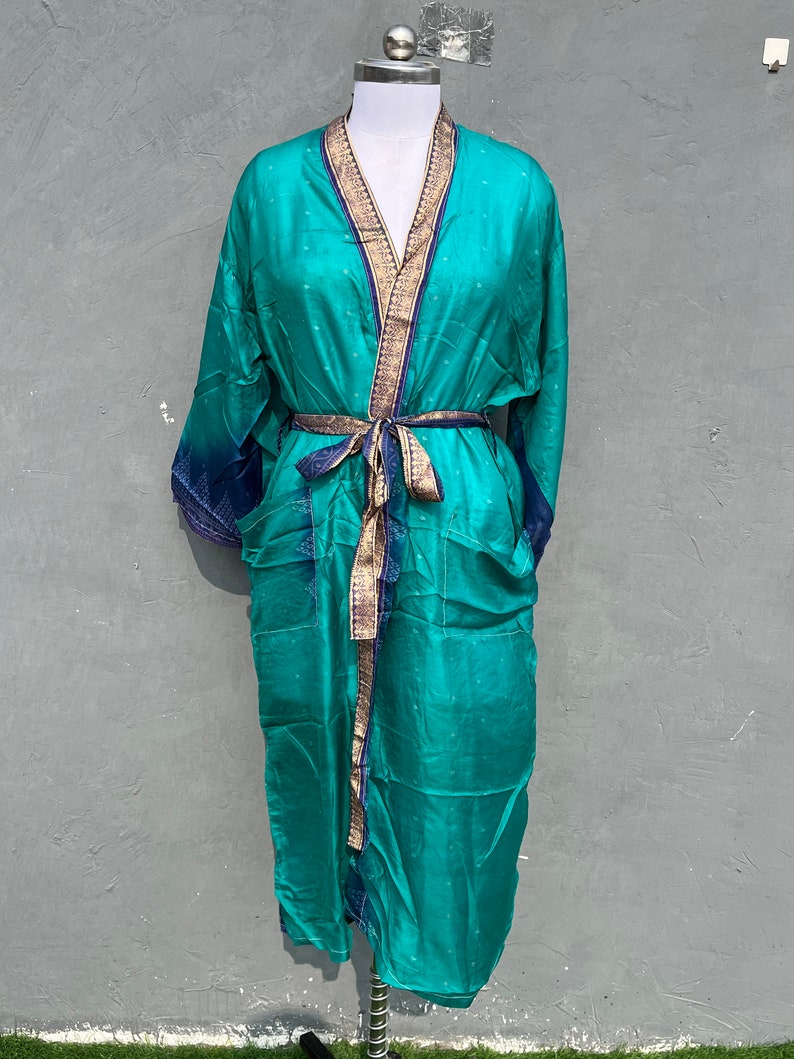 Women Blue Silk Kimono Robe, Long Lounge Dressing Gown Boho, Satin ...