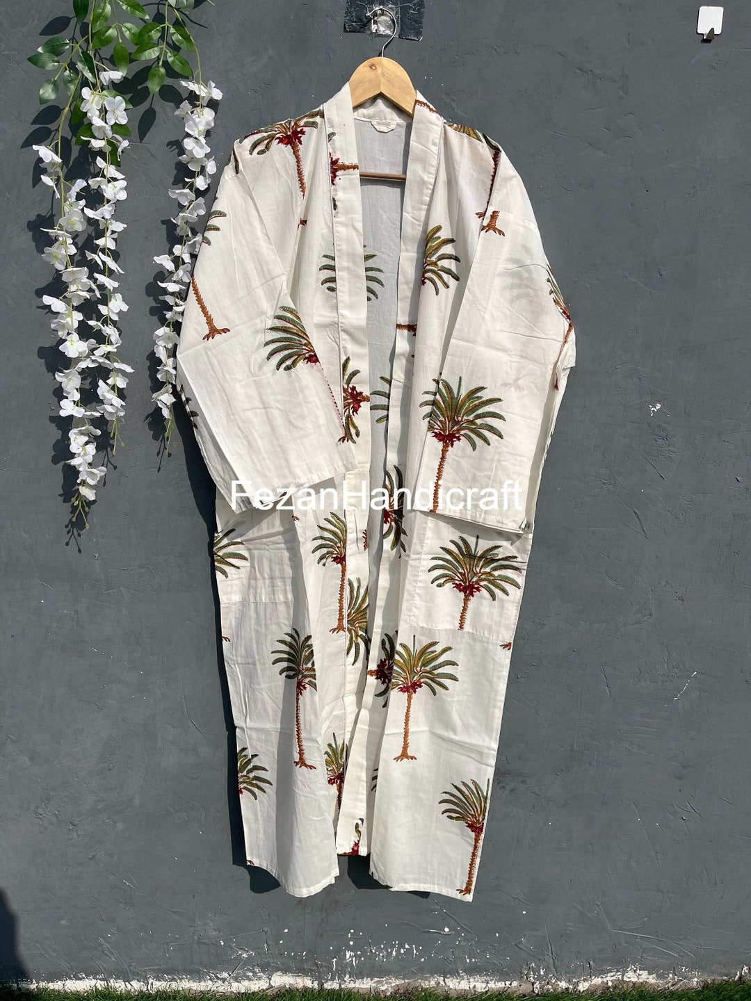 Palm Tree Print Cotton Hand Block Kimono Robes for Women Indian ...