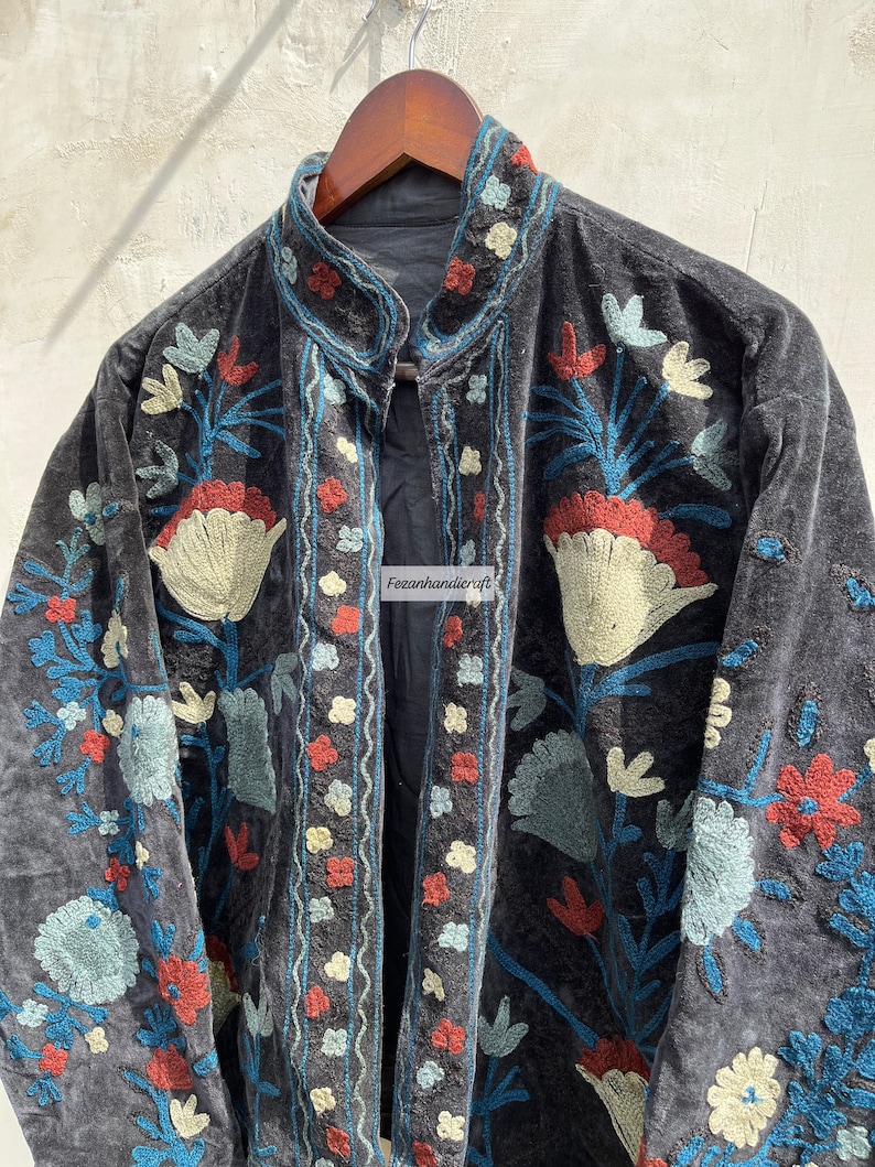 Velvet Suzani Embroidered Jacket: Indian Boho Cotton Coat - Etsy
