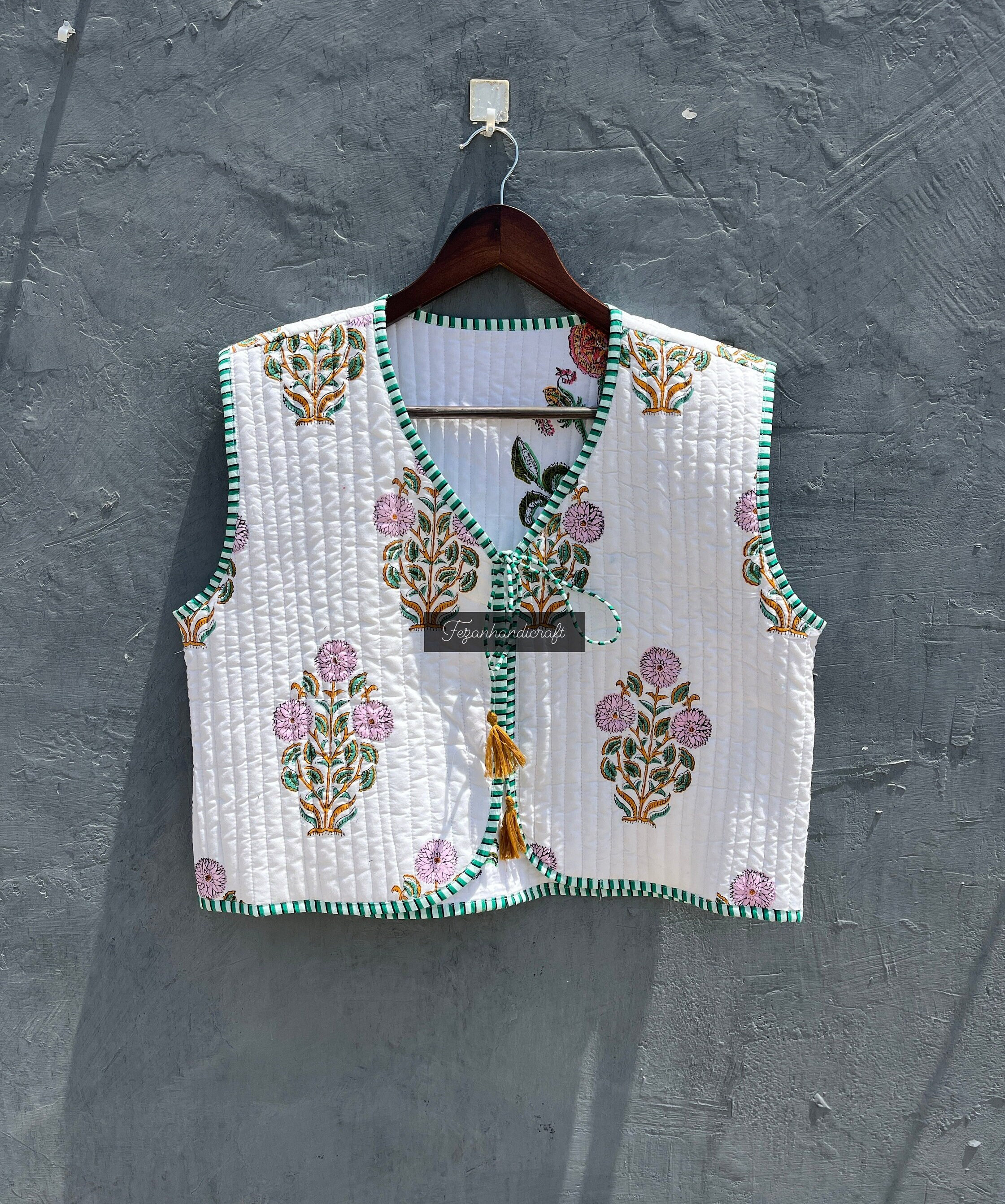 Cotton Block Print Butta Reversible Women Vest Coat Tie Jacket, Boho ...