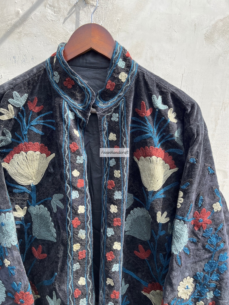 Velvet Suzani Embroidered Jacket: Indian Boho Cotton Coat - Etsy