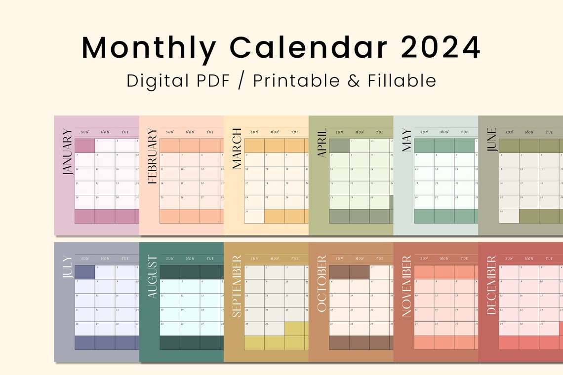 Monthly Calendar 2024, Fillable PDF, Digital Download, Printable - Etsy
