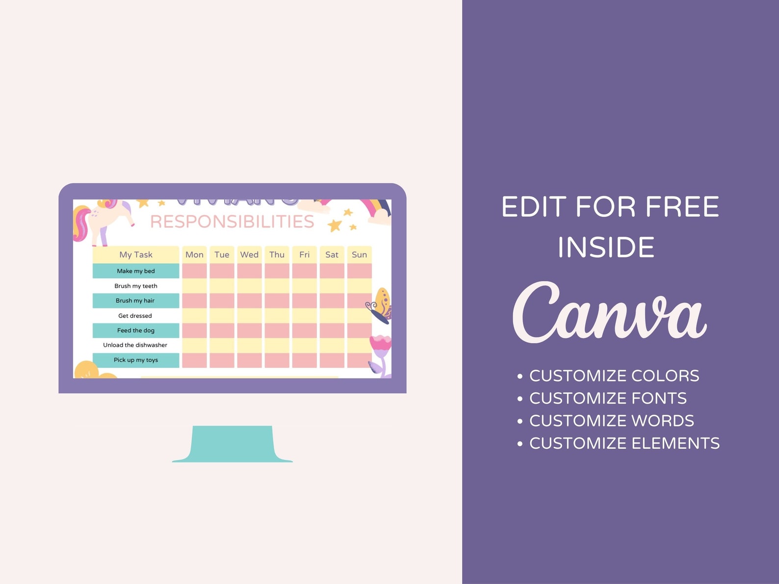 Editable Kids Chore Chart Printable Kids Responsibility Chart Daily ...