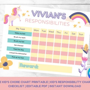 Editable Kids Chore Chart Printable Kids Responsibility Chart Daily ...