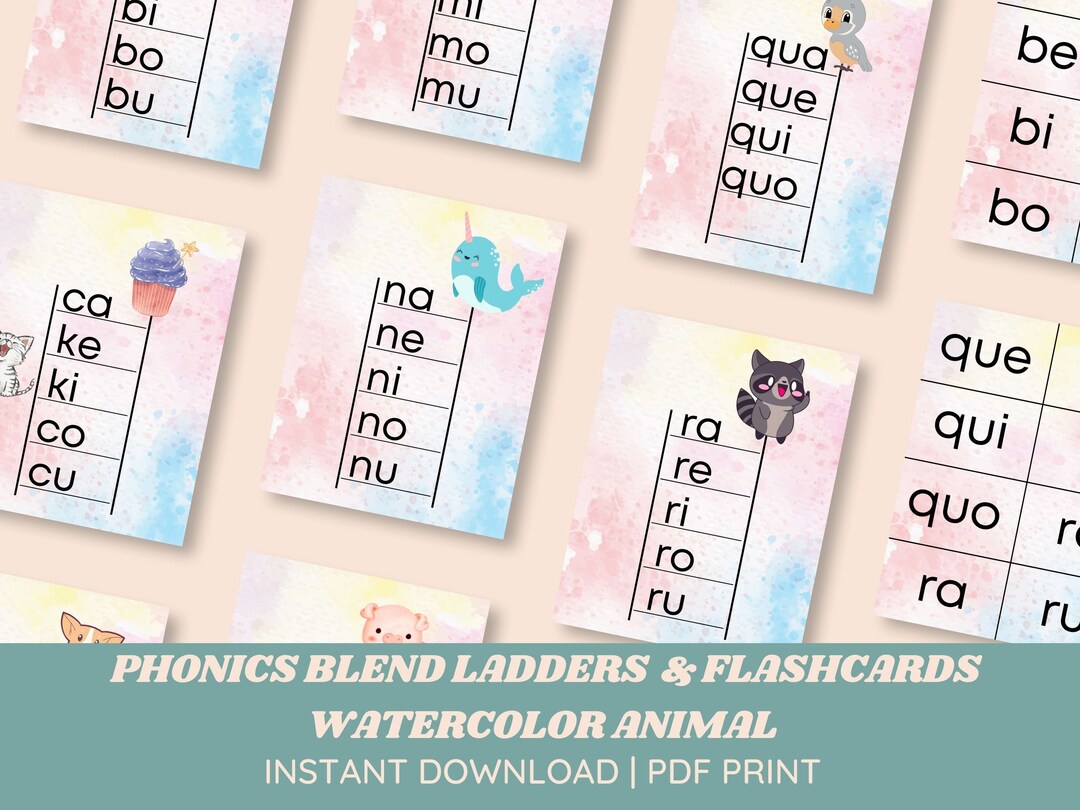 Phonics Blend Ladders & Flashcards Watercolor Animal | Instant Download ...