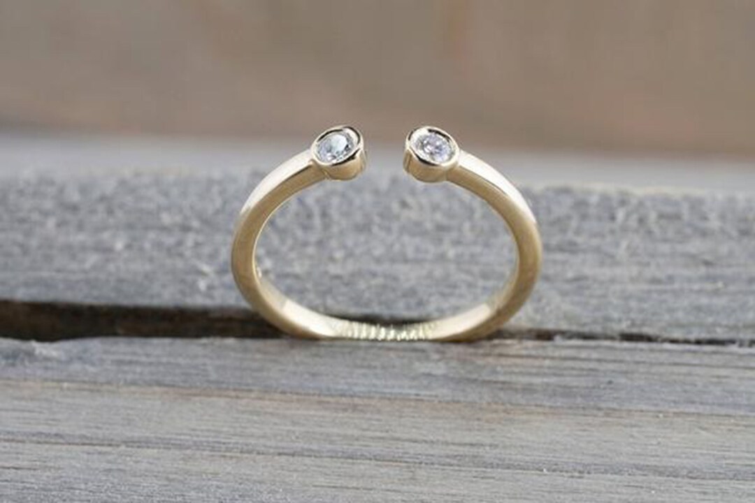 14k Solid Gold Cuff Ring | Two Stone Open Adjustable Ring | 3mm Real ...