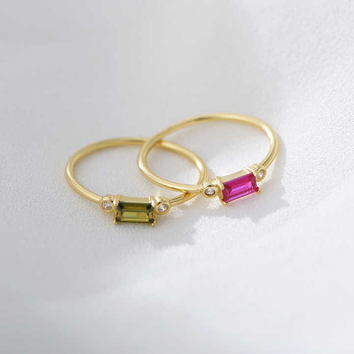 Ruby Baguette Diamond Bezel Ring, Dainty Peridot Ring, Ruby and ...