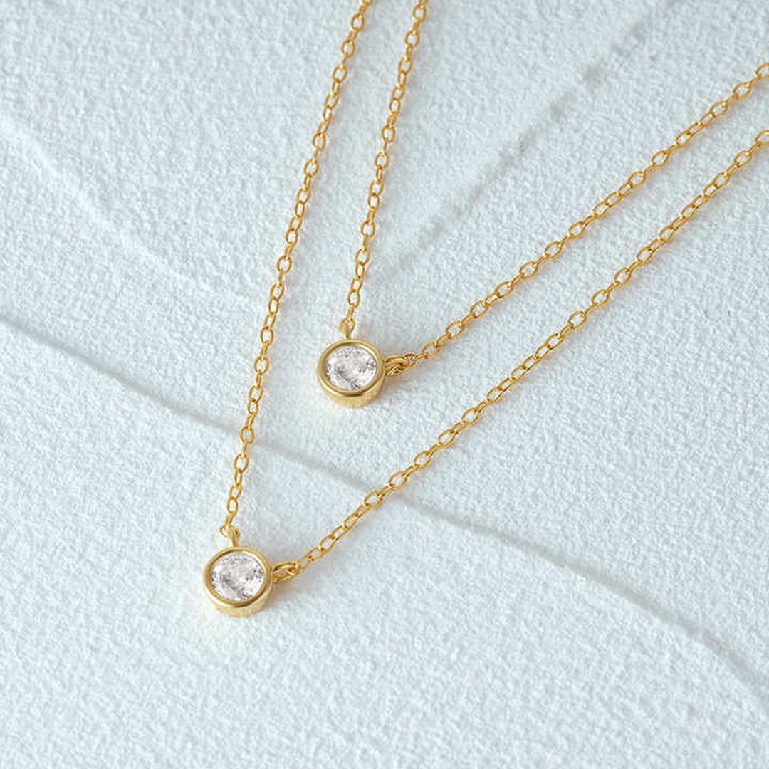 2mm Diamonds in Double Layered Gold Chain Necklace / 14k Solid Gold ...
