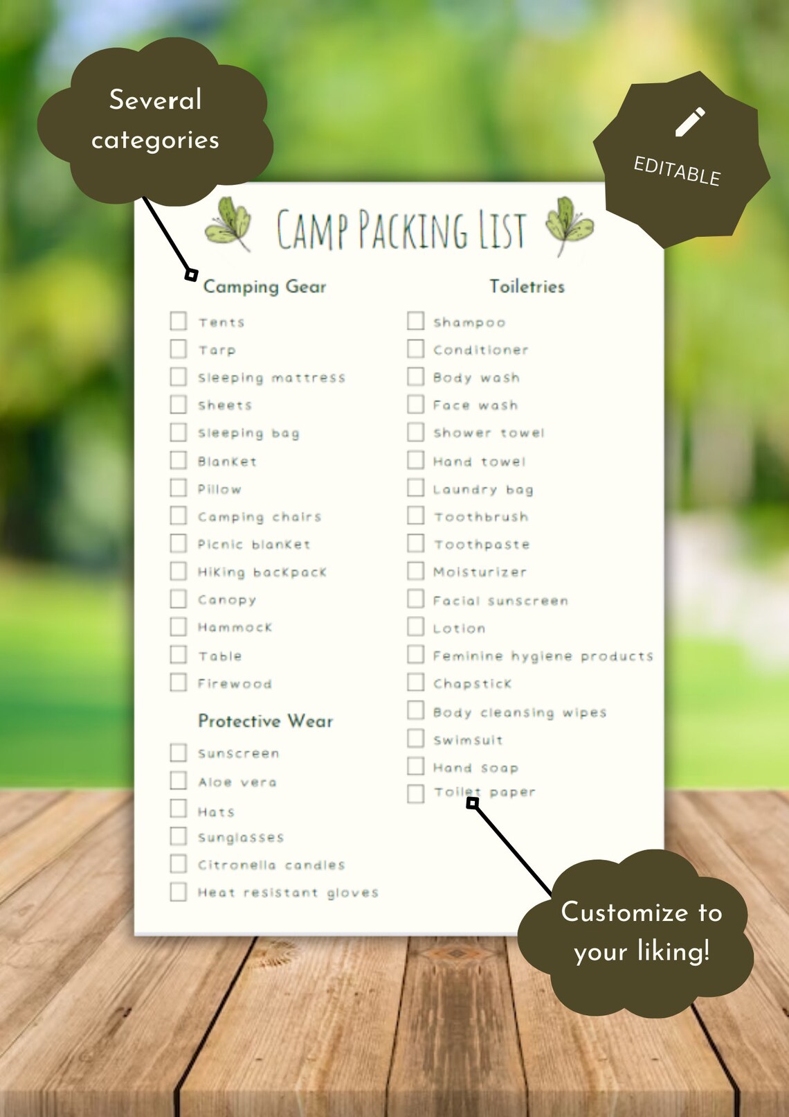 Editable Camping Packing List, Camp Essentials, Summer Camp, National ...