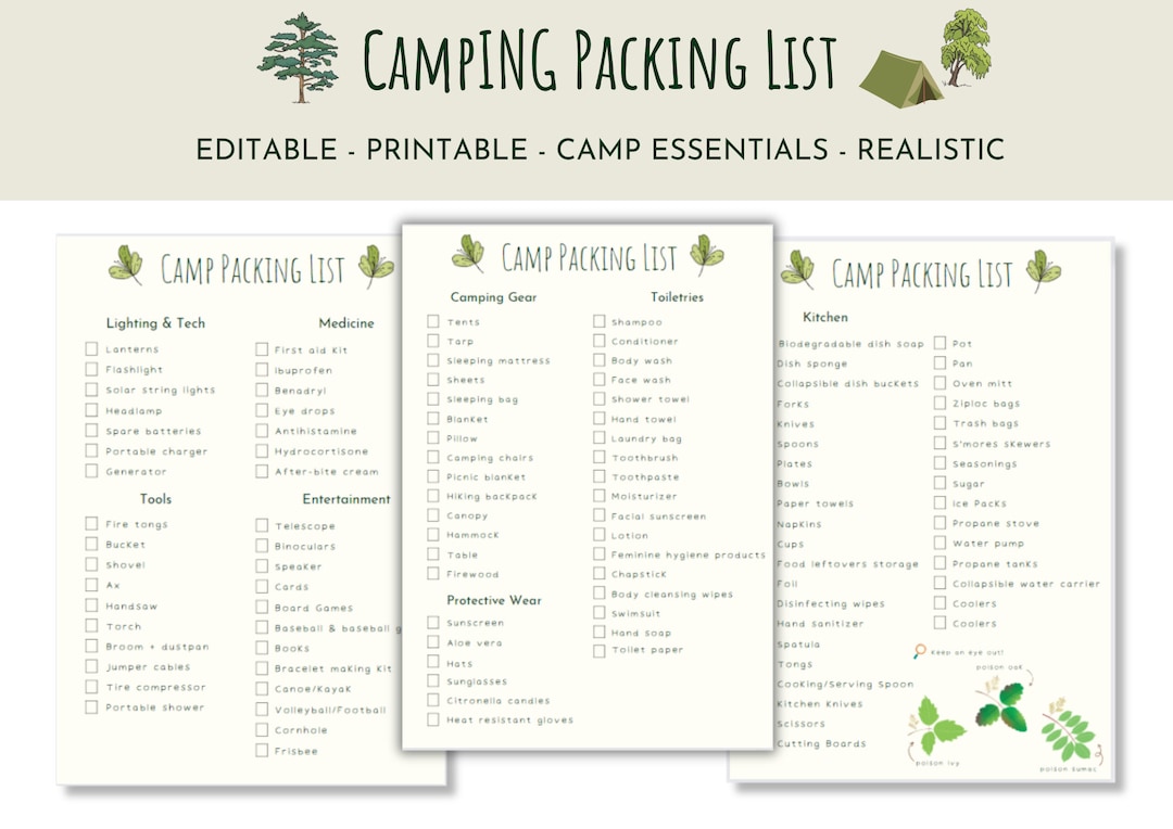 Editable Camping Packing List, Camp Essentials, Summer Camp, National ...