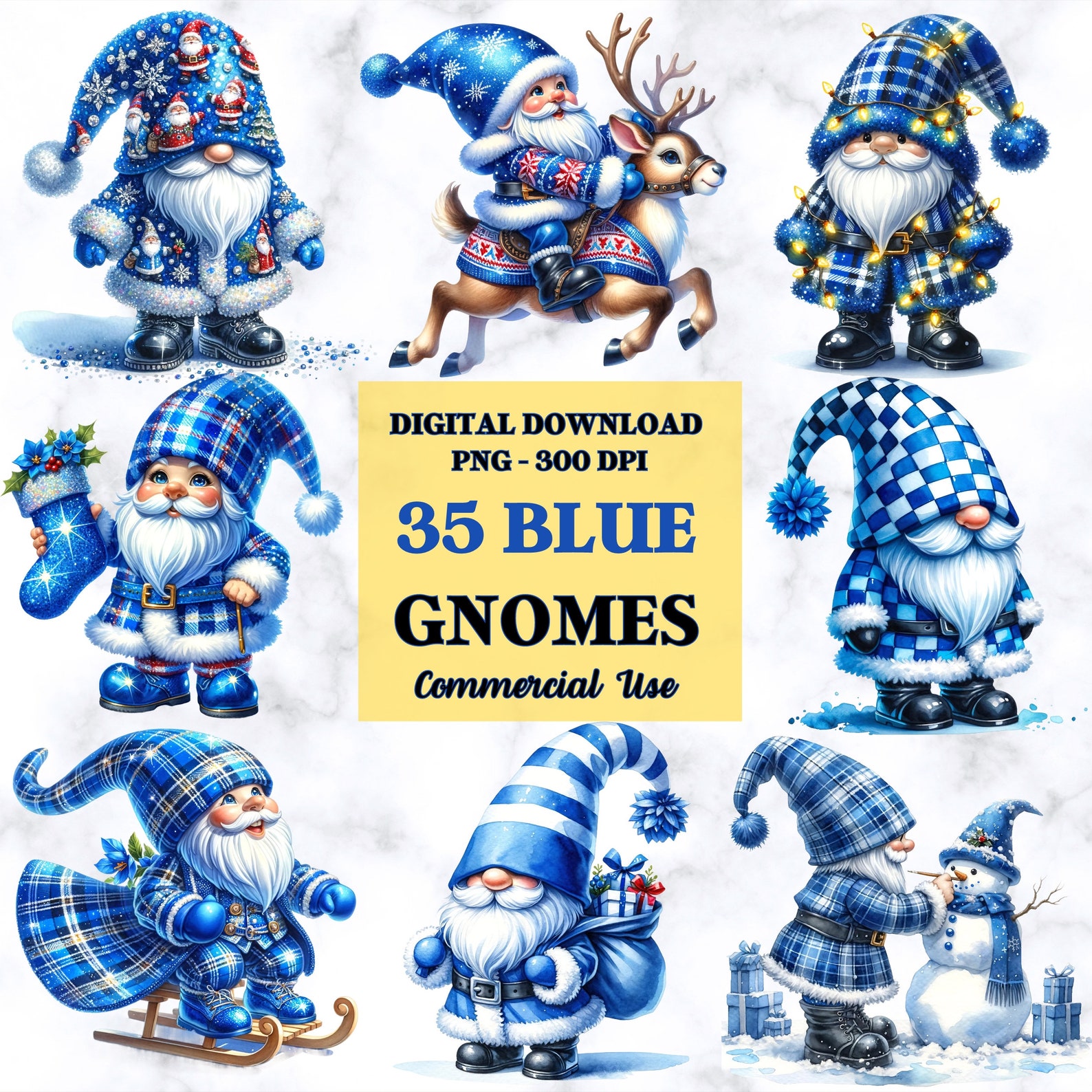 BLUE GNOMES PNG Bundle: 35 Whimsical Watercolor Cliparts for Festive ...