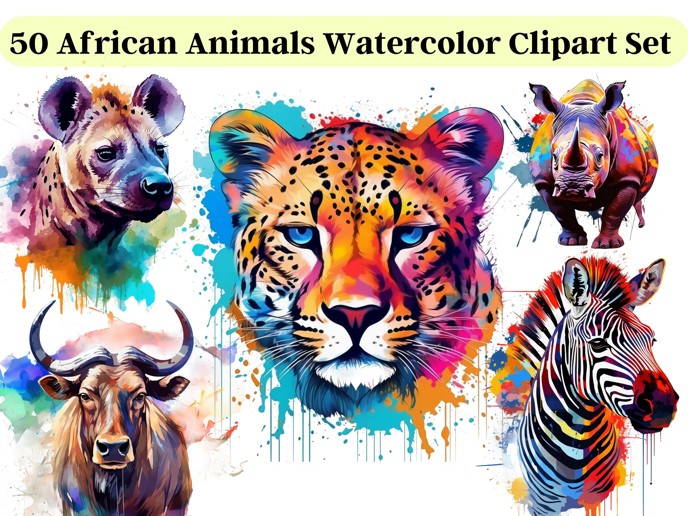 50 Piece African Animals Watercolor Clipart Set Safari Animals, High ...
