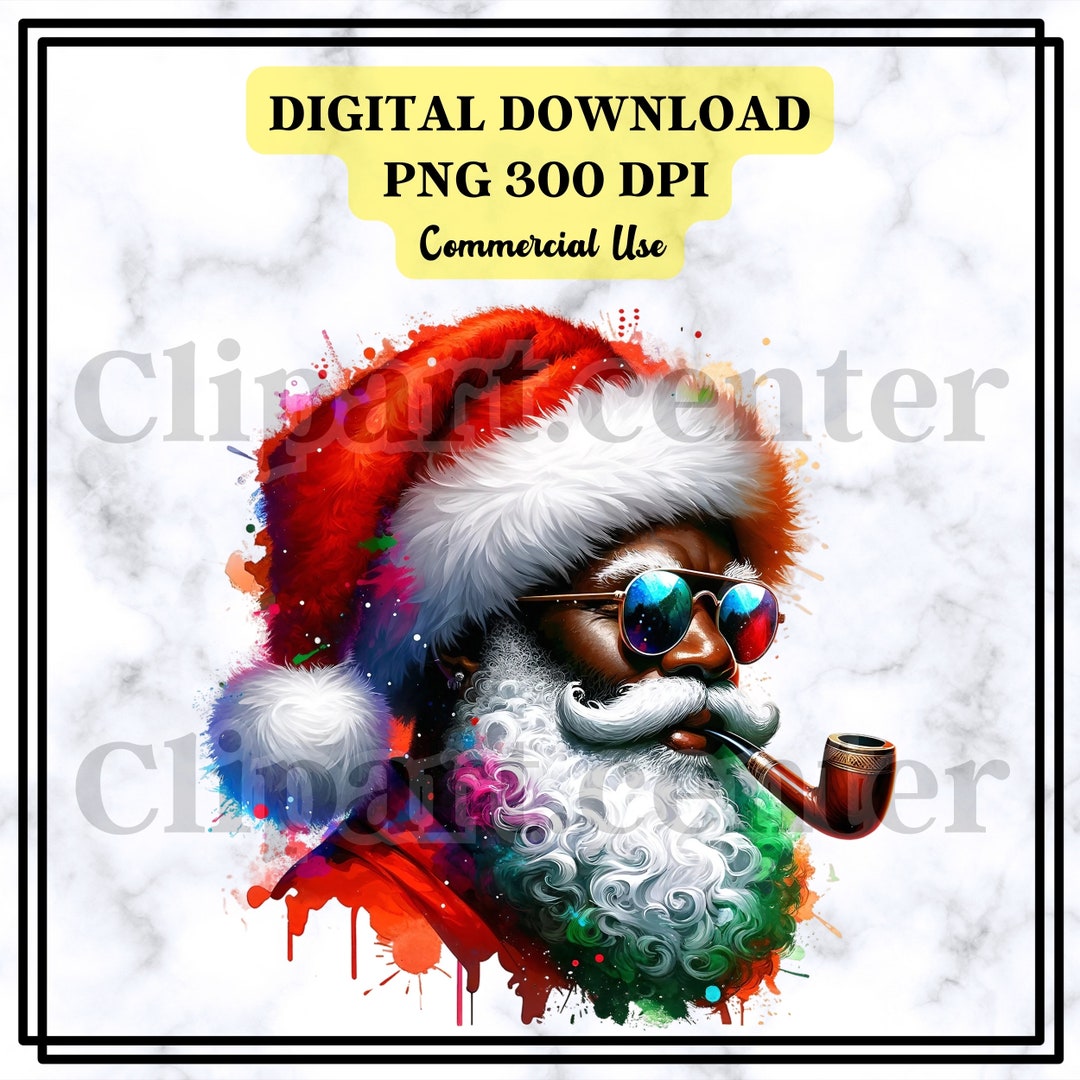 Classic Retro Black Santa PNG: Watercolor Christmas Clipart for Digital ...