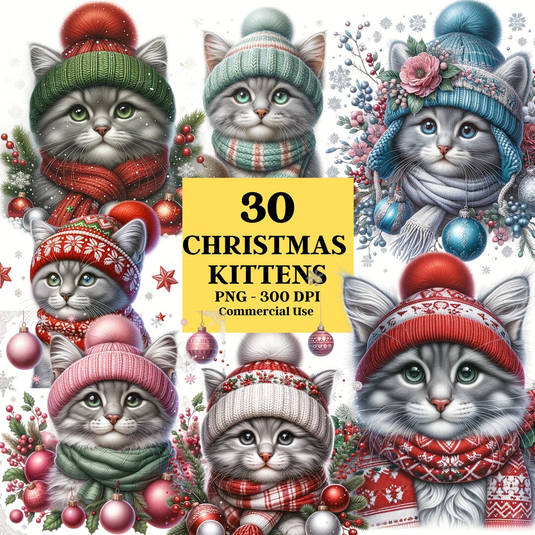 Adorable Christmas Kittens PNG Clipart: Watercolor Festive Felines for ...