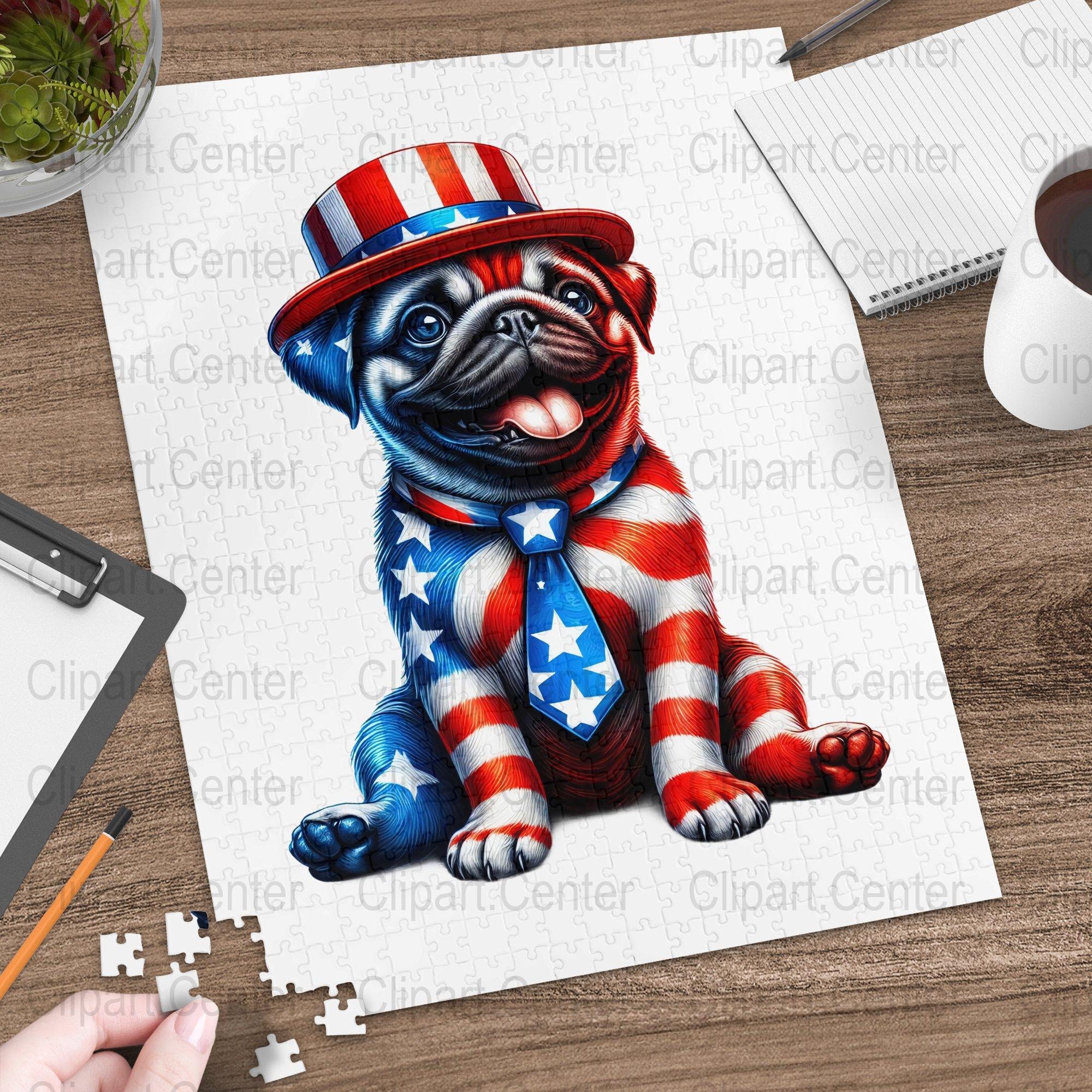 Patriotic Dog Clipart, Cute Pug in American Flag Attire, 4th of July ...