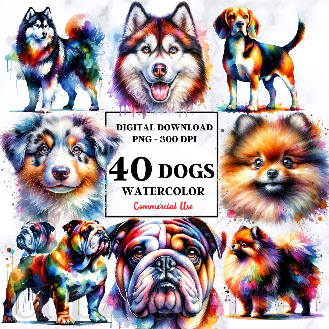 Dogs Watercolor PNG Bundle: Adorable Dog Clipart for Parties, Crafts ...