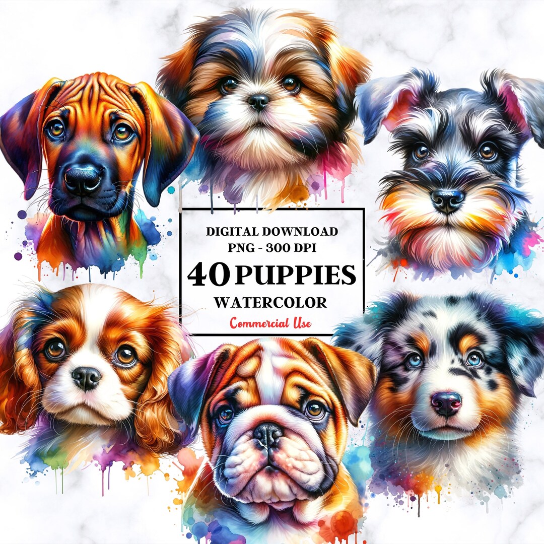 Adorable Watercolor Puppies Clipart Bundle: Dog Breeds PNG for Crafting ...