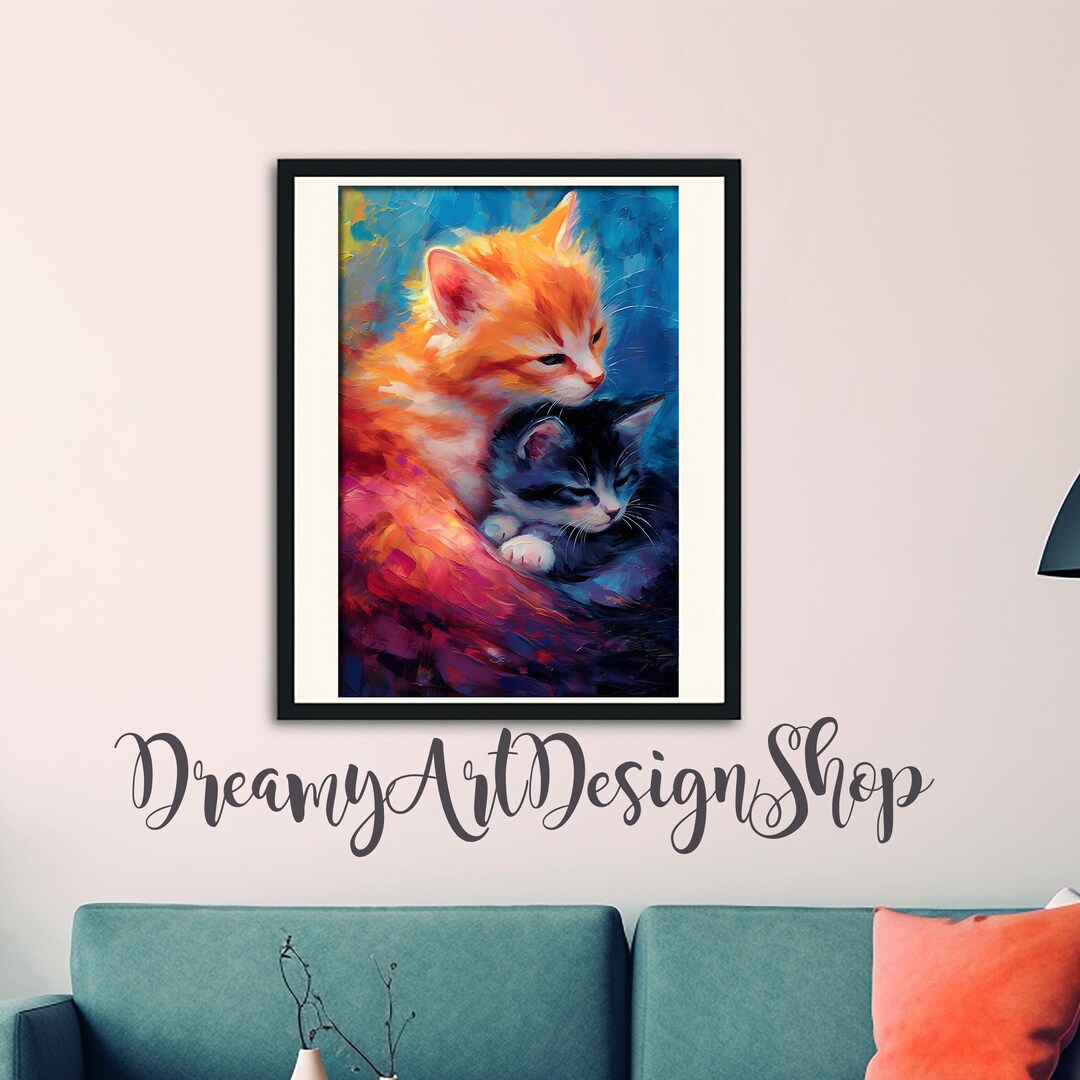 The Cuddle, Digital Wall Art, Kittens Cuddling Digital Painting. Wall ...