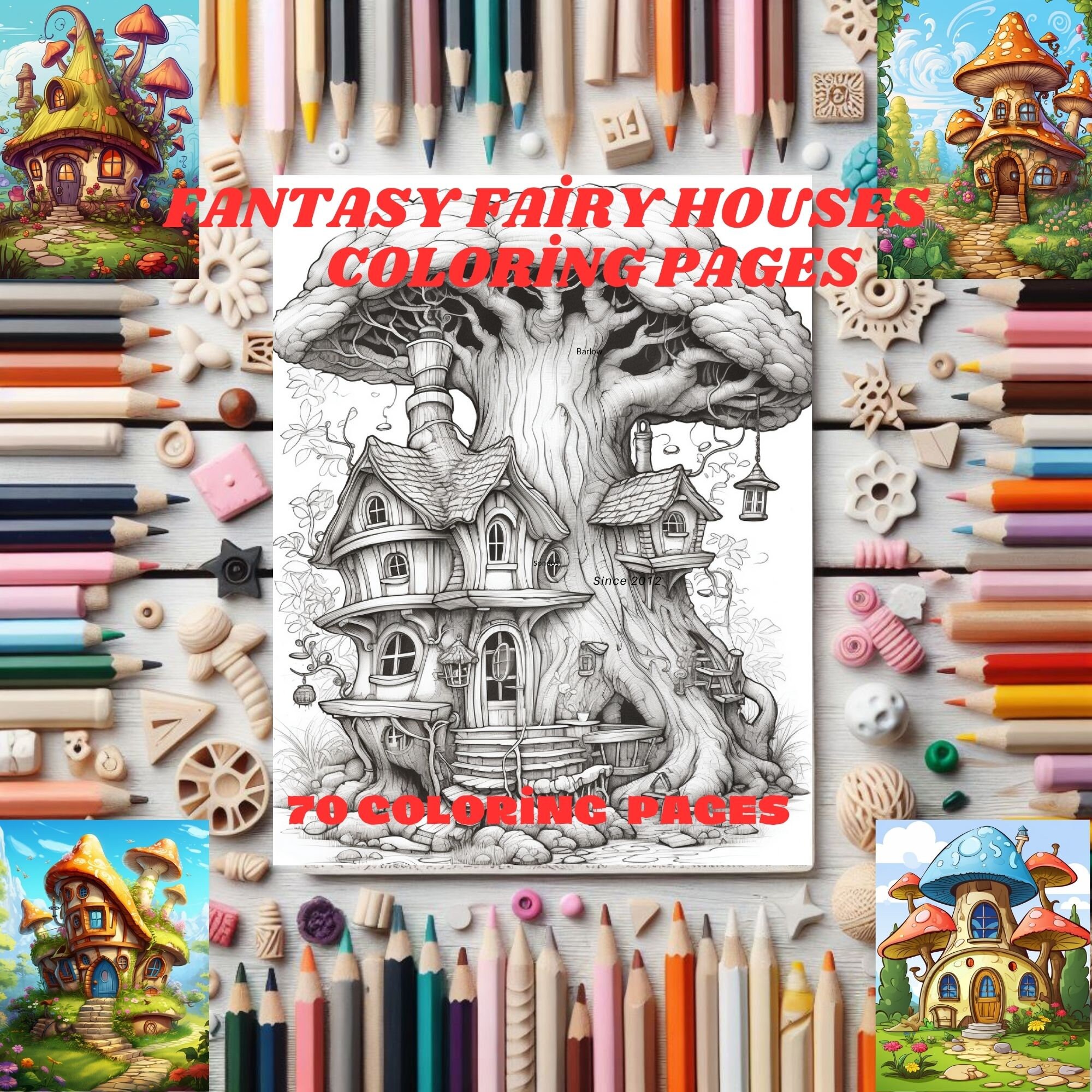 Fairy Houses Coloring Pages, Grayscale Coloring Book for Adults and ...