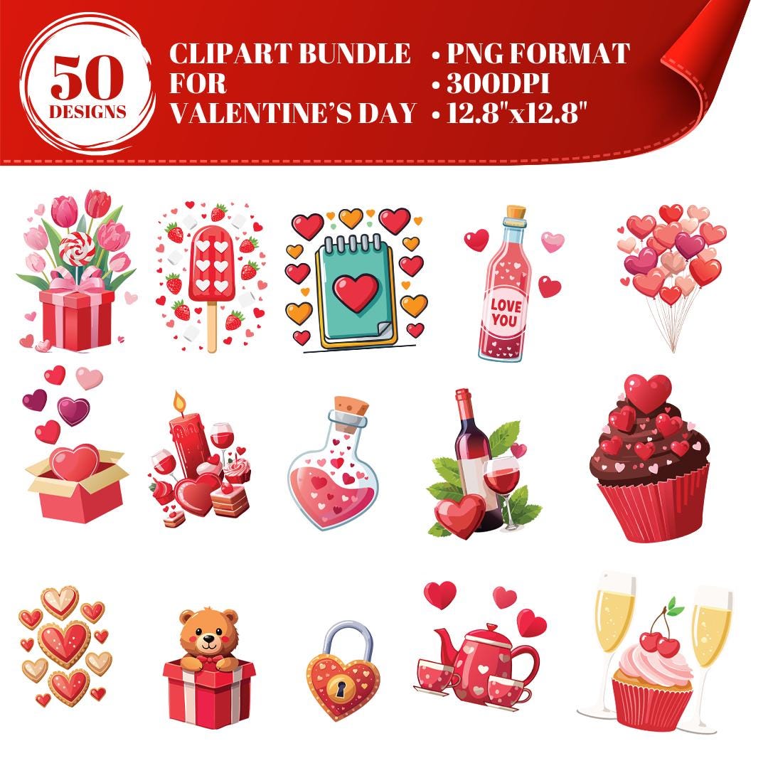 50 Clipart Bundle for Valentines Day, Clipart Bundle, Cute Clip Art for ...