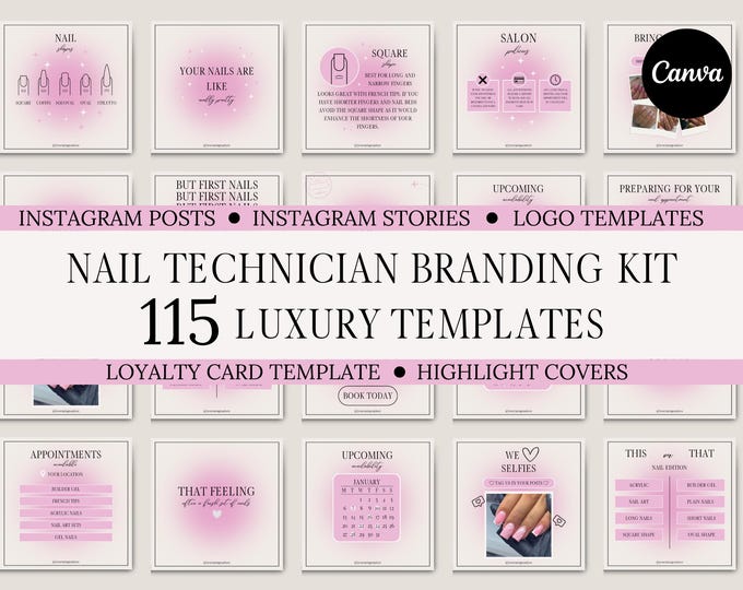 Nail Technician Instagram Post Templates: Pink Glitter Branding Kit ...