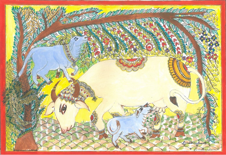 Gomatha Kamadhenu Cow Calf Indian Art Handmade Painting Hinduism ...