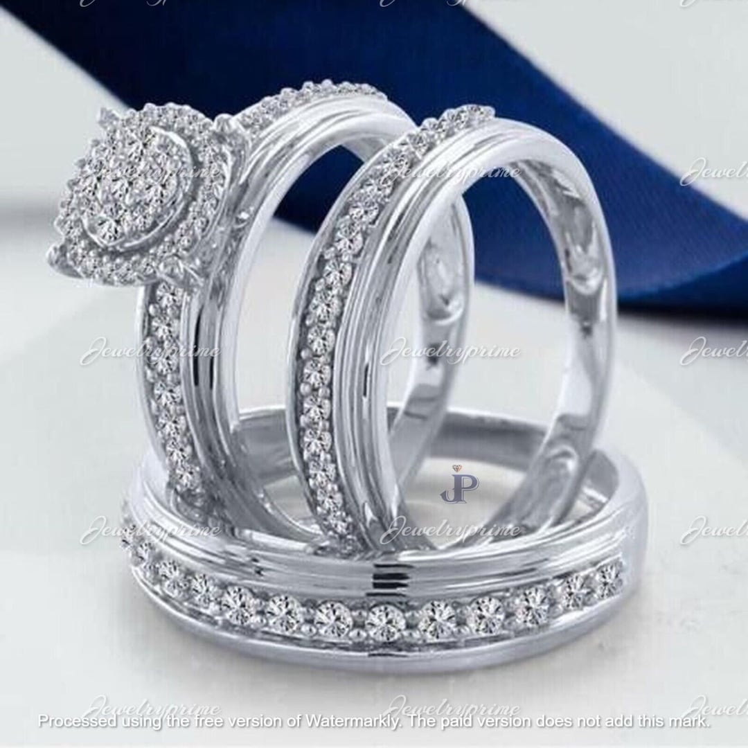 Men & Women Diamond Trio Ring Set, His and Her Engagement Bridal Set ...