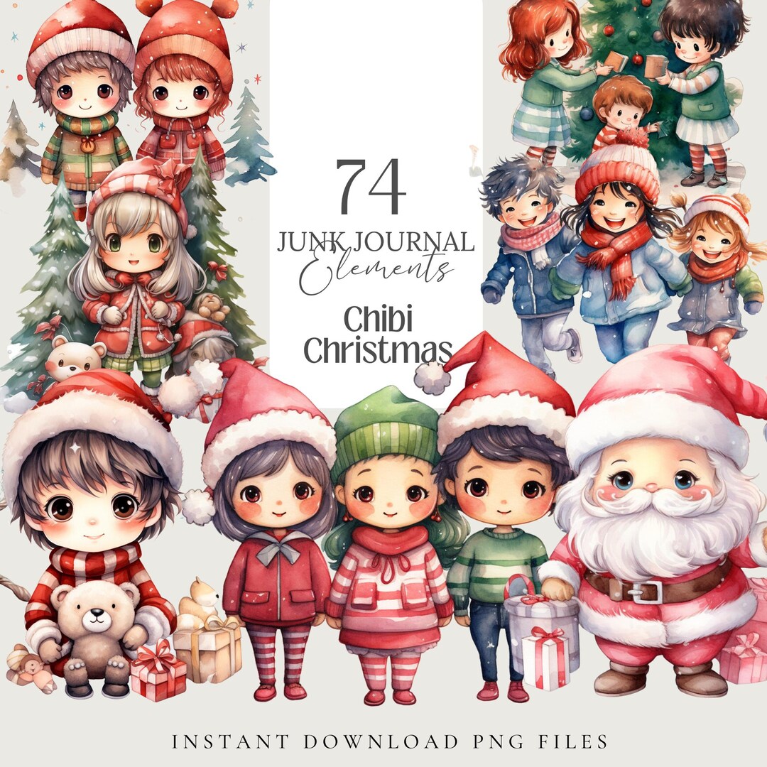 Chibi Kawaii Christmas Clipart: 74 Watercolor PNG Designs (digital ...