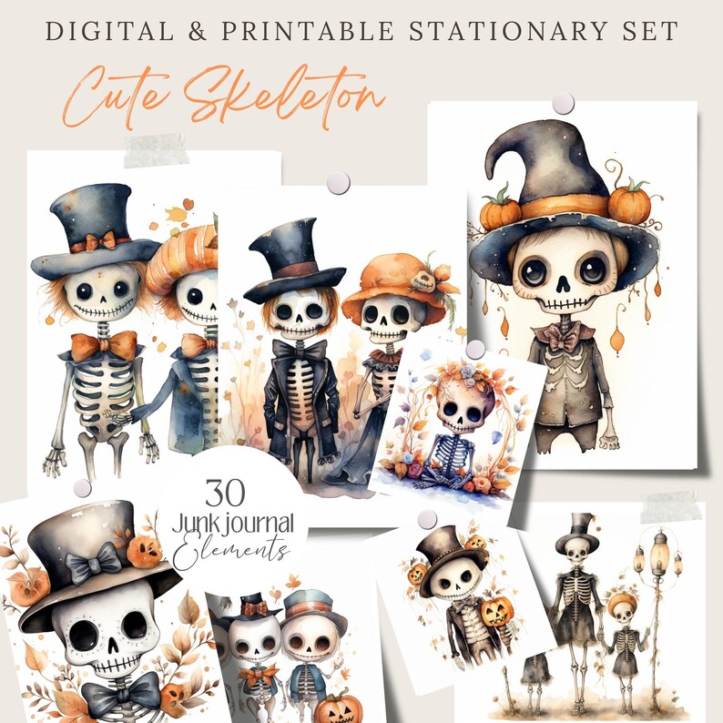 Watercolor Halloween Skeletons Clipart: 30 PNG Spooky Stickers (digital ...