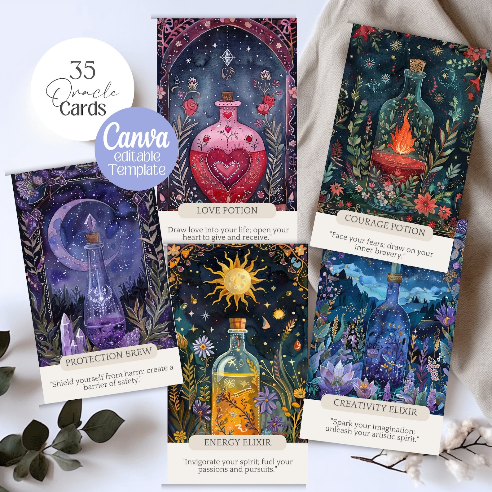 Potions and Elixirs Oracle Cards, Printable Deck, Editable Template ...