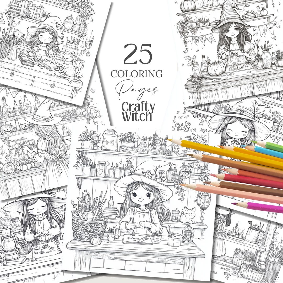 Crafty Witch Coloring Pages: Cottagecore Fantasy Illustrations (25 PNG ...