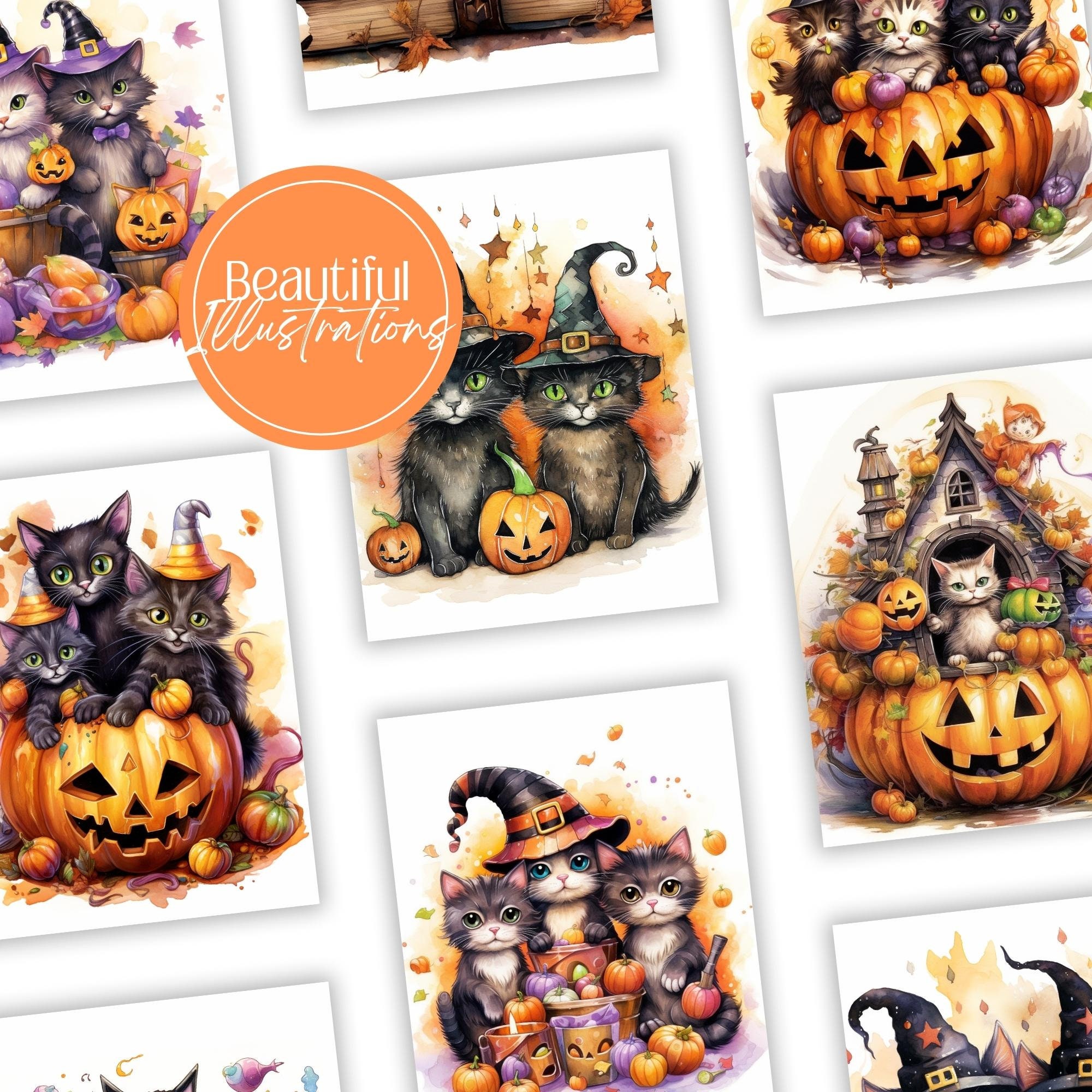 Halloween Cats Watercolor Clipart Bundle 100 PNG Spooky Cat Images ...