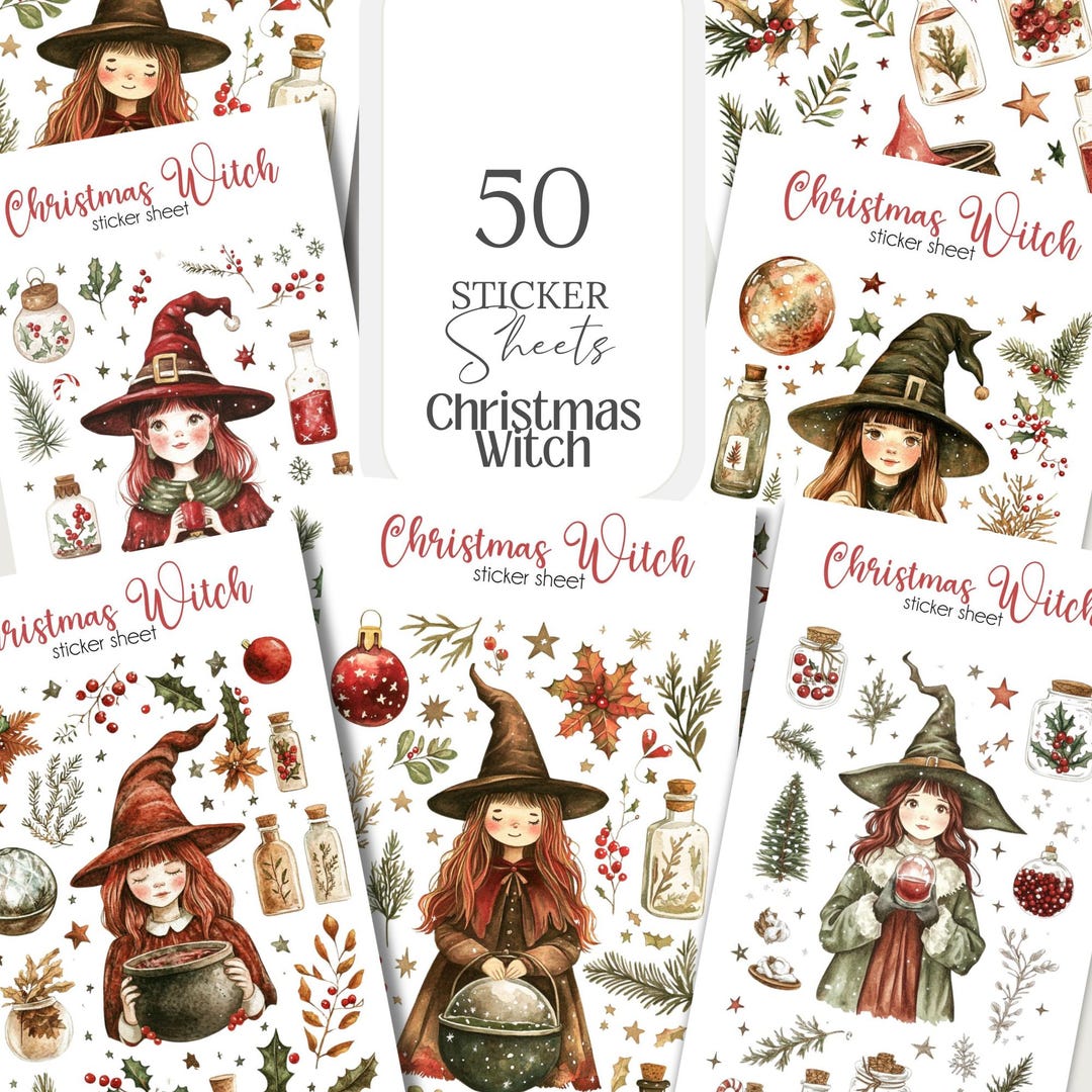 Christmas Witch Png Sticker Sheet Magic Yule Witchy Fussy Cut Cozy Xmas ...