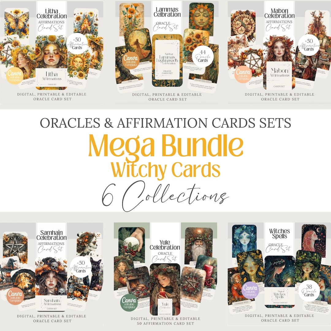 Wicca Oracle & Affirmation Cards PNG Bundle | Editable Templates, Wheel ...