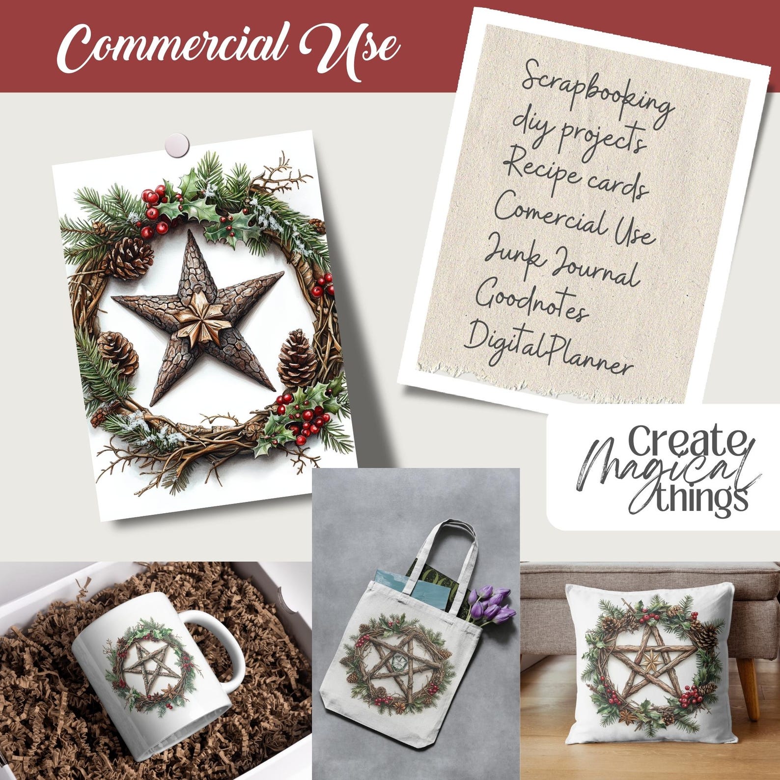 Yule Pentacle Png Witchy Wreath Christmas Clipart Book of Shadows Yule ...