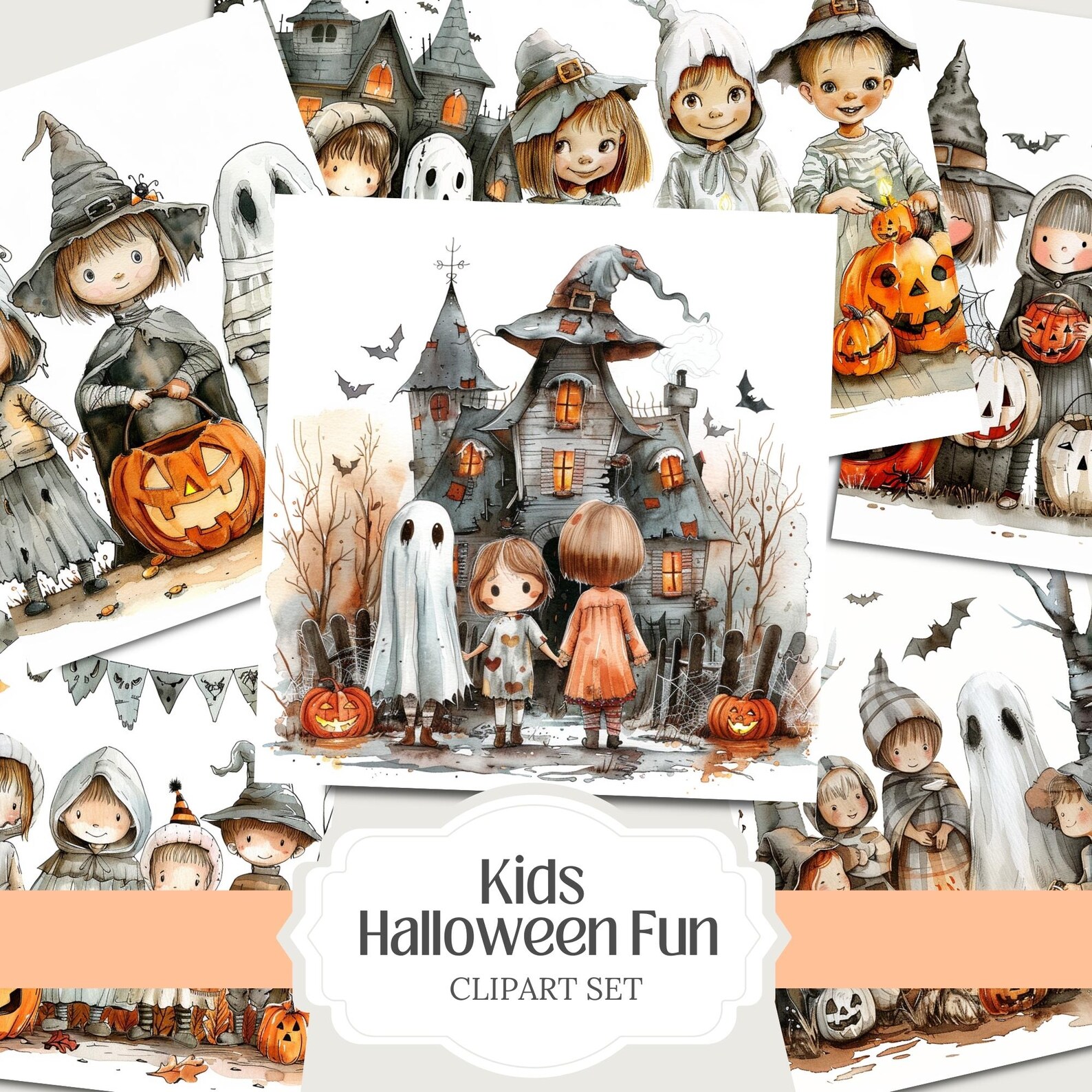 Cute Kids Halloween Fun Clipart Whimsical Watercolor PNG Party Invites ...