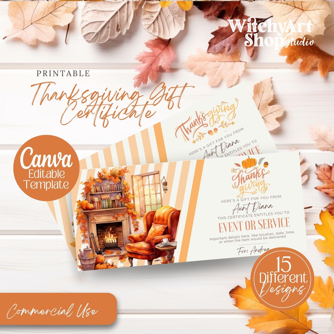 Thanksgiving Gift Certificate Template, Editable Printable Voucher ...
