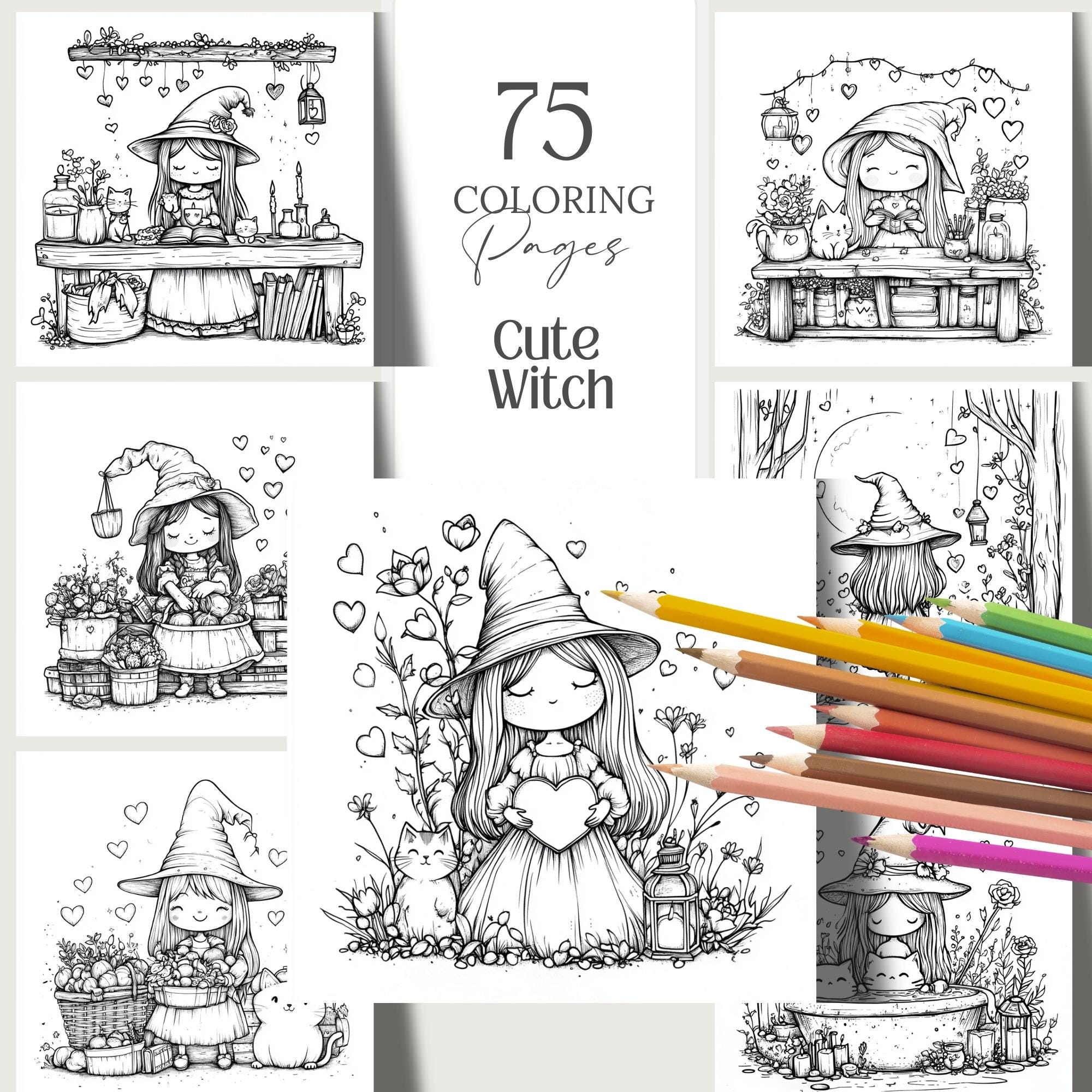 Cute Witchy Coloring Pages Cottagecore Coloring Illustrations Witch ...