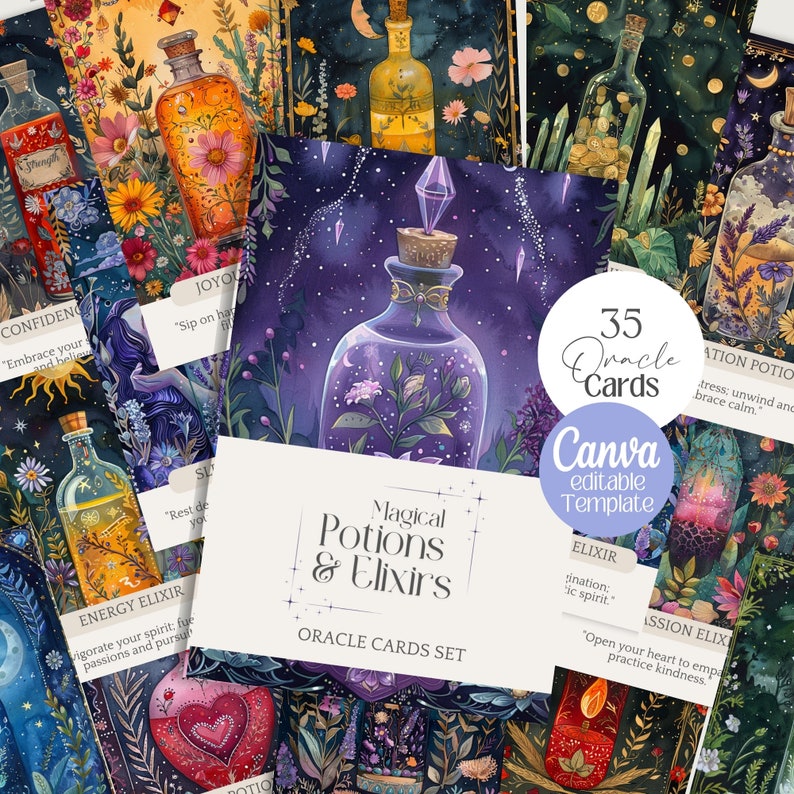 Potions and Elixirs Oracle Printable Cards Witchy Deck Editable Tarot ...