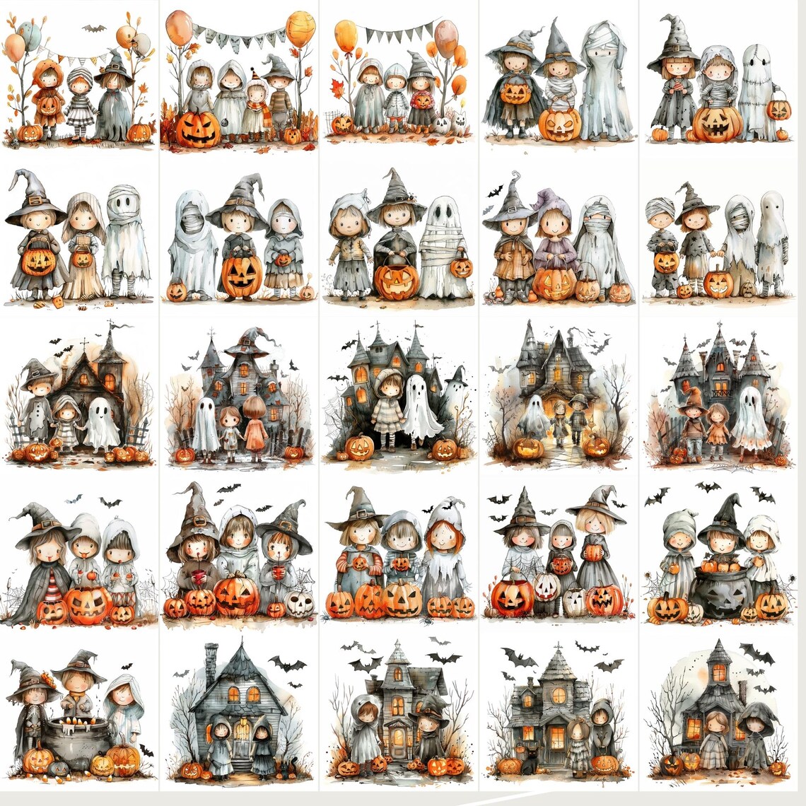 Cute Kids Halloween Fun Clipart Whimsical Watercolor PNG Party Invites ...