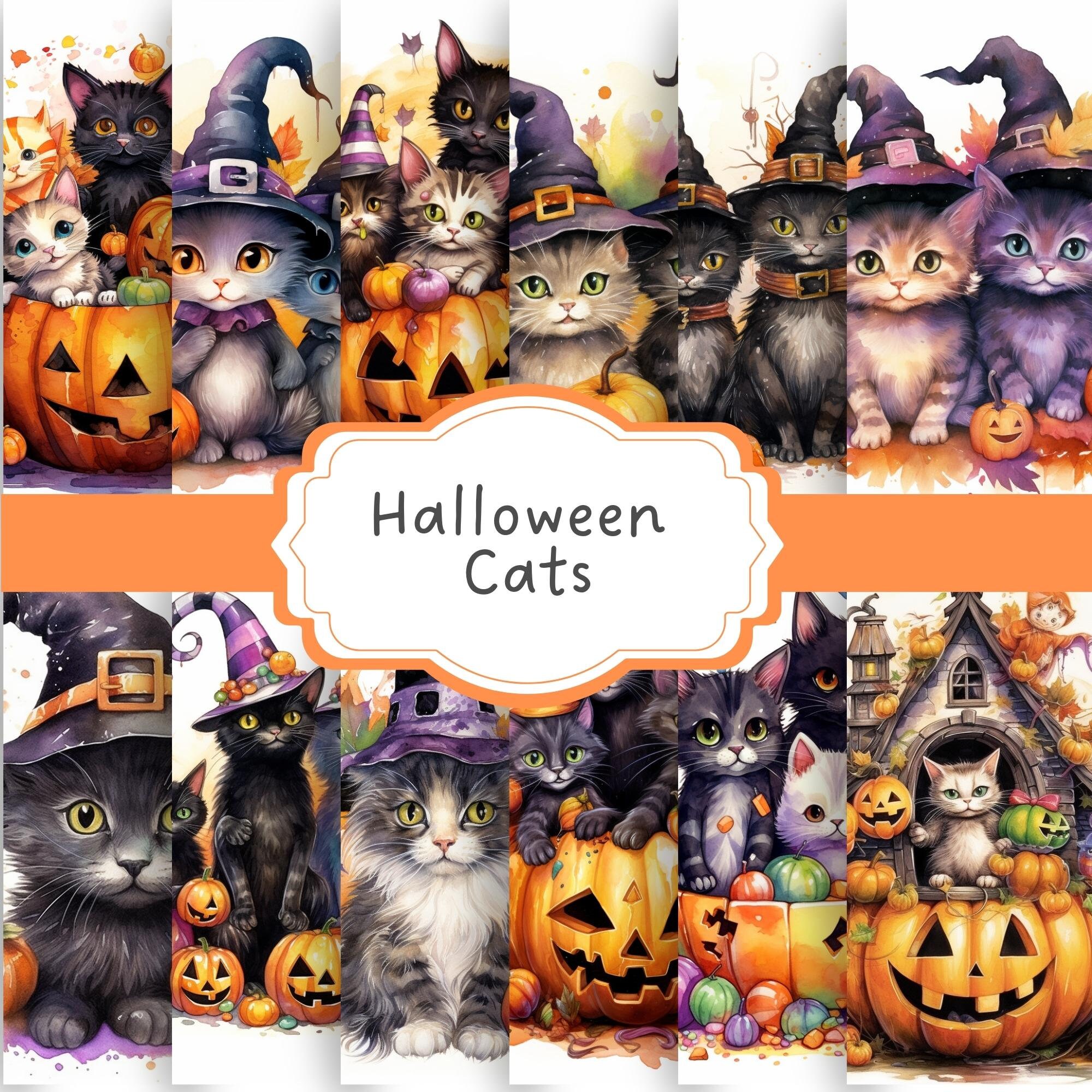 Halloween Cats Watercolor Clipart Bundle 100 PNG Spooky Cat Images ...