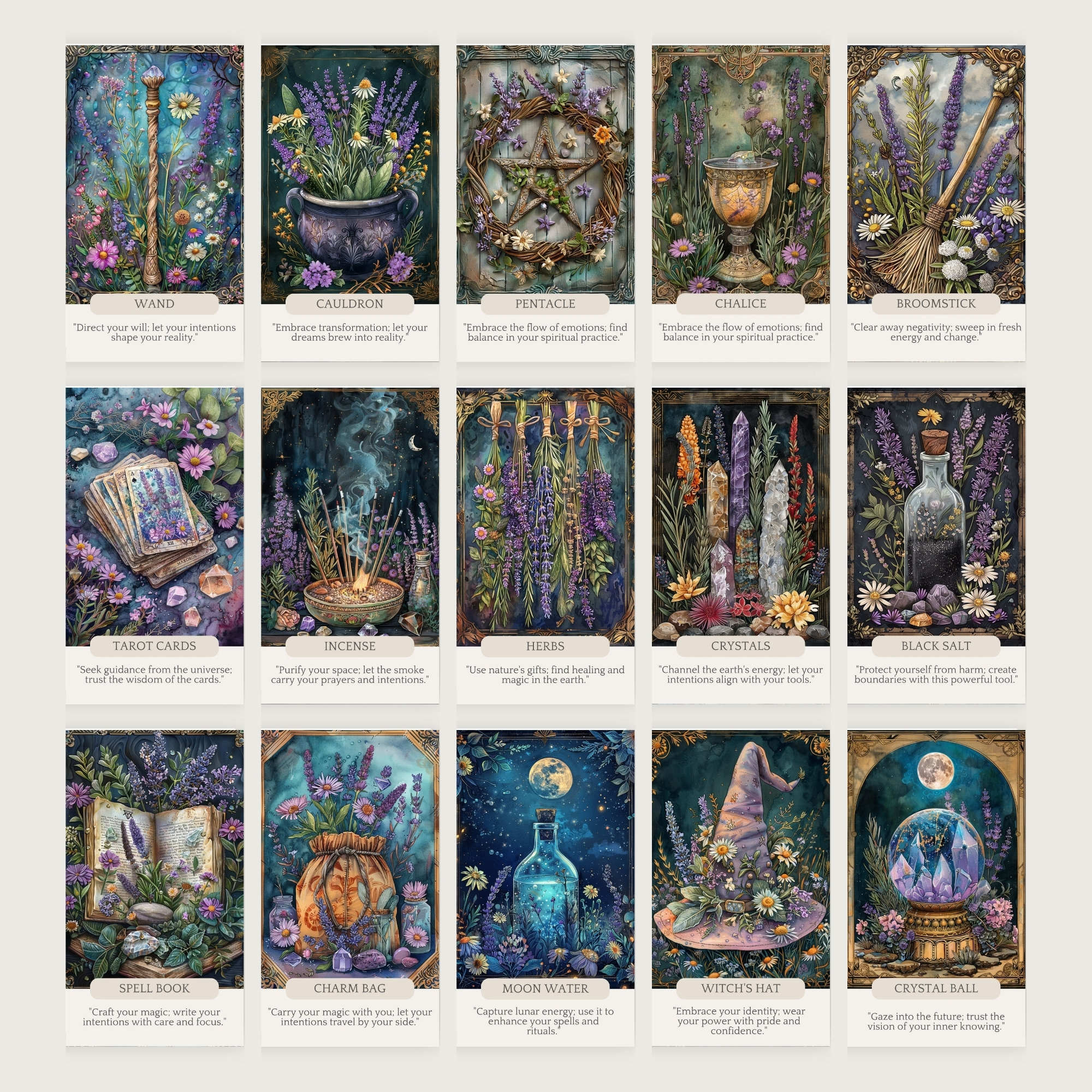 Witch Tools Oracle Cards, Witchy Printable Deck, Editable Template ...