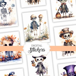 Cute Spooky Skeletons Clipart | Whimsical Halloween Watercolor Stickers ...