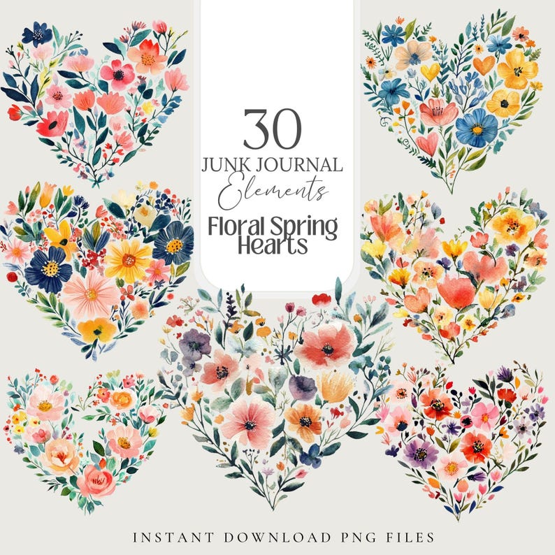Floral Heart Watercolor Clipart: Spring Love Designs (PNG Digital ...