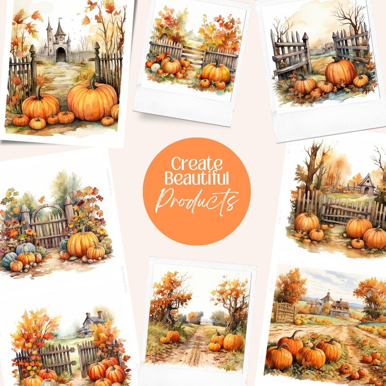 Pumpkin Patch Watercolor Clipart 50 PNG Fall Images, Autumn Graphics ...